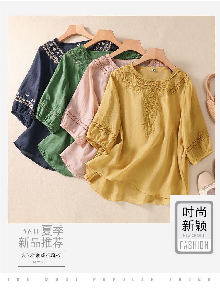 Summer Women New Retro Cotton and Linen Shirt Women's Artistic Hand ...