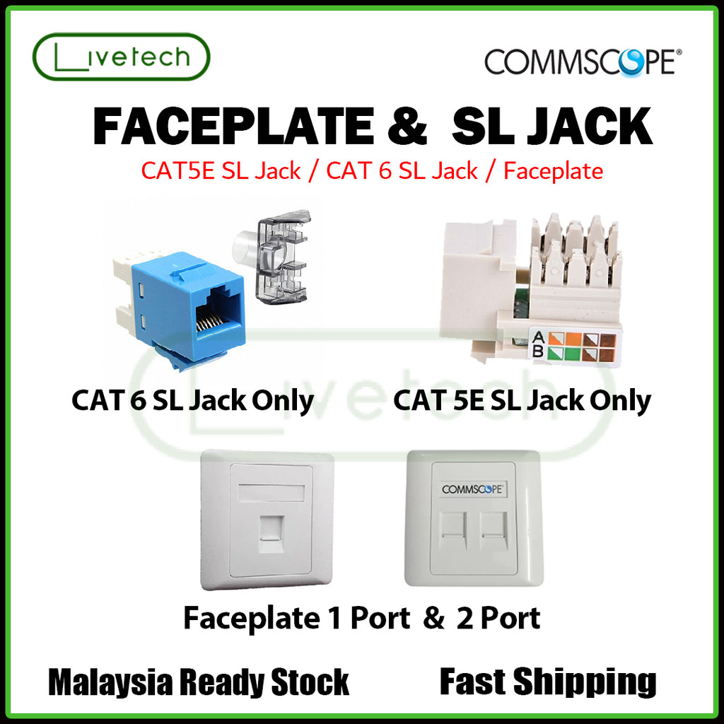 LiveTech Commscope CAT5E 1,2 Port Faceplate & CAT5E / CAT6 RJ45 SL JACK ...