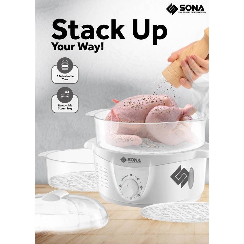 Sona 9.0L (3 Tier) Electric Steamer SSR2046 Removable Steam Tray Water ...