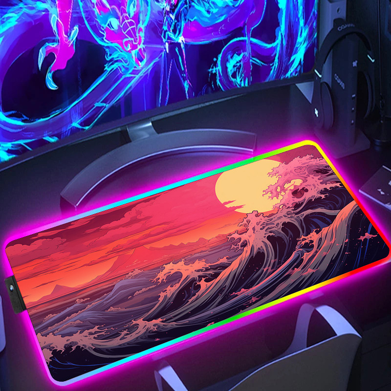 RGB Gaming Mouse Pad Japanese Great Wave Deskmat Gamer Accessories ...