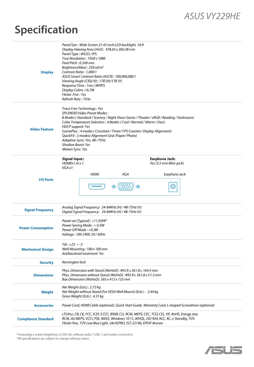 ASUS VY229HE Eye Care Monitor - 22", Full HD, IPS, 75Hz, 1ms, Eye Care Plus, Adaptive Sync, Blue ...