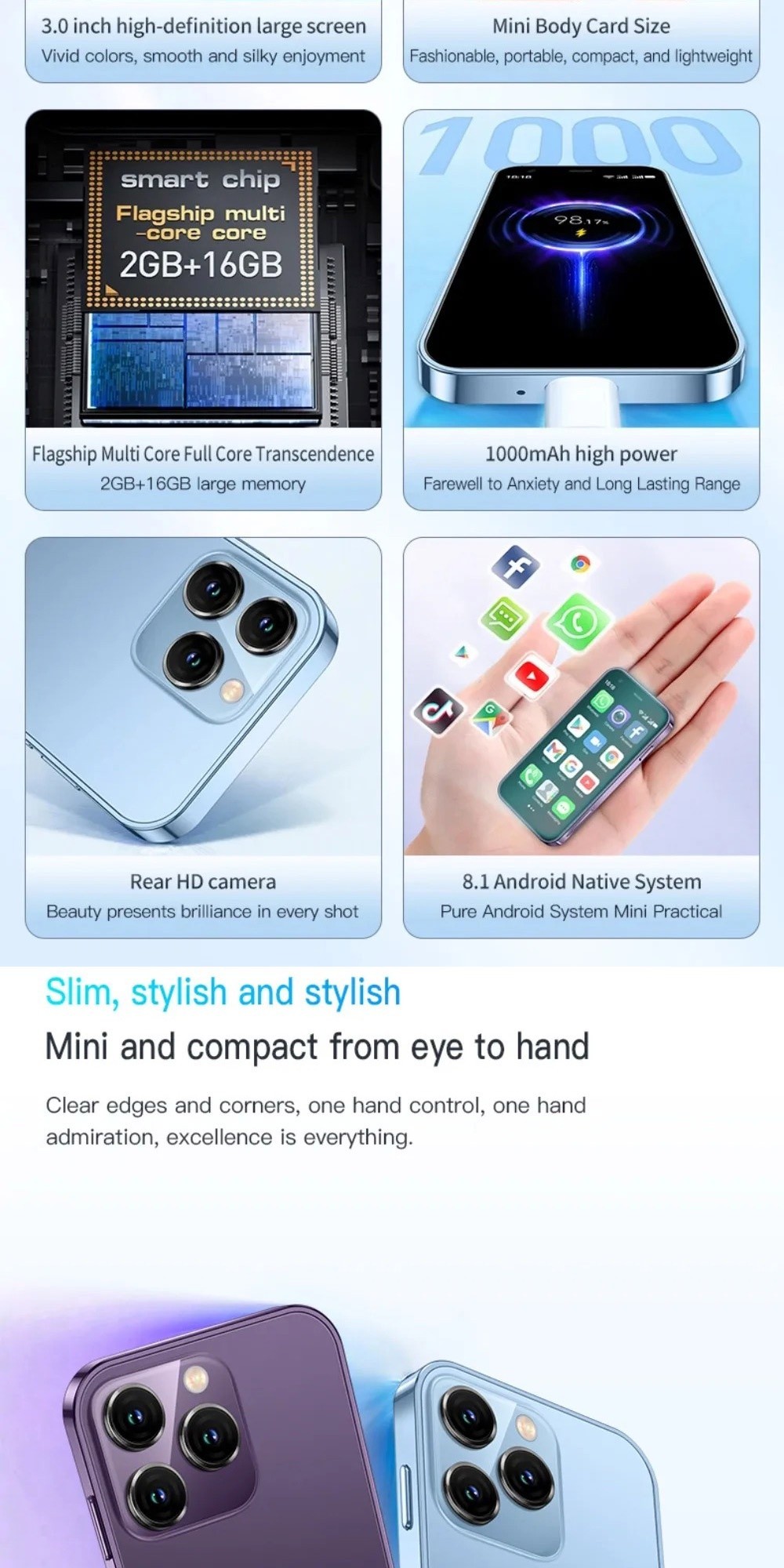 SOYES XS15 Ultra-thin 3.0Inch Small Phone 2GB+16GB Android 8.1 Dual SIM Standby 3G Mini ...