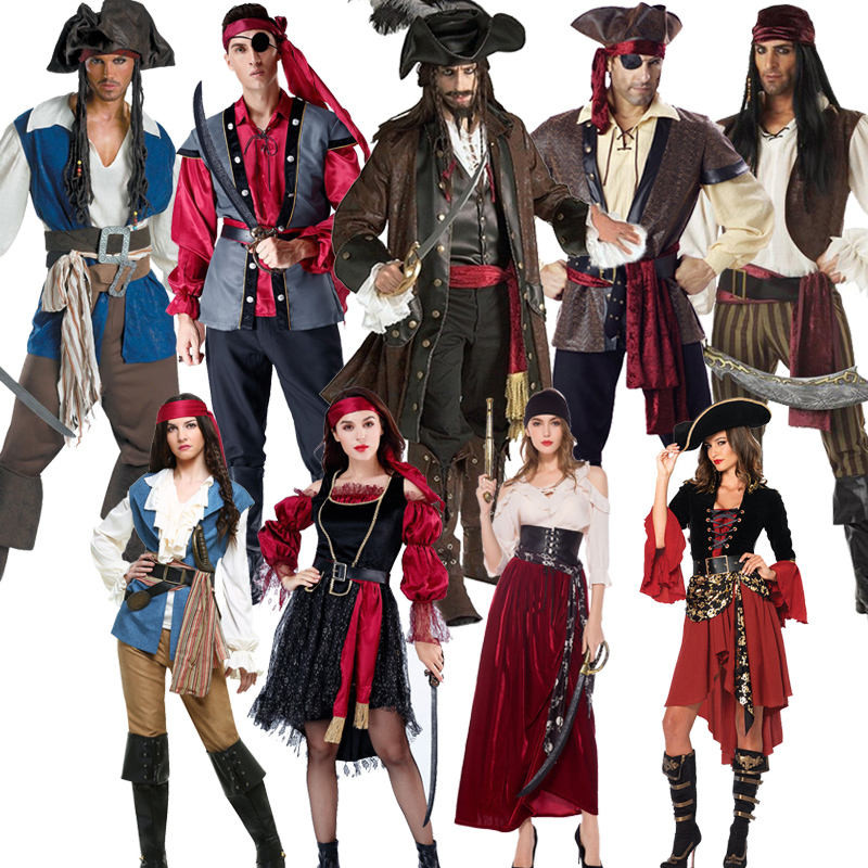 Halloween Cosplay Caribbean Men And Women Pirate Costumes Adult Captain ...