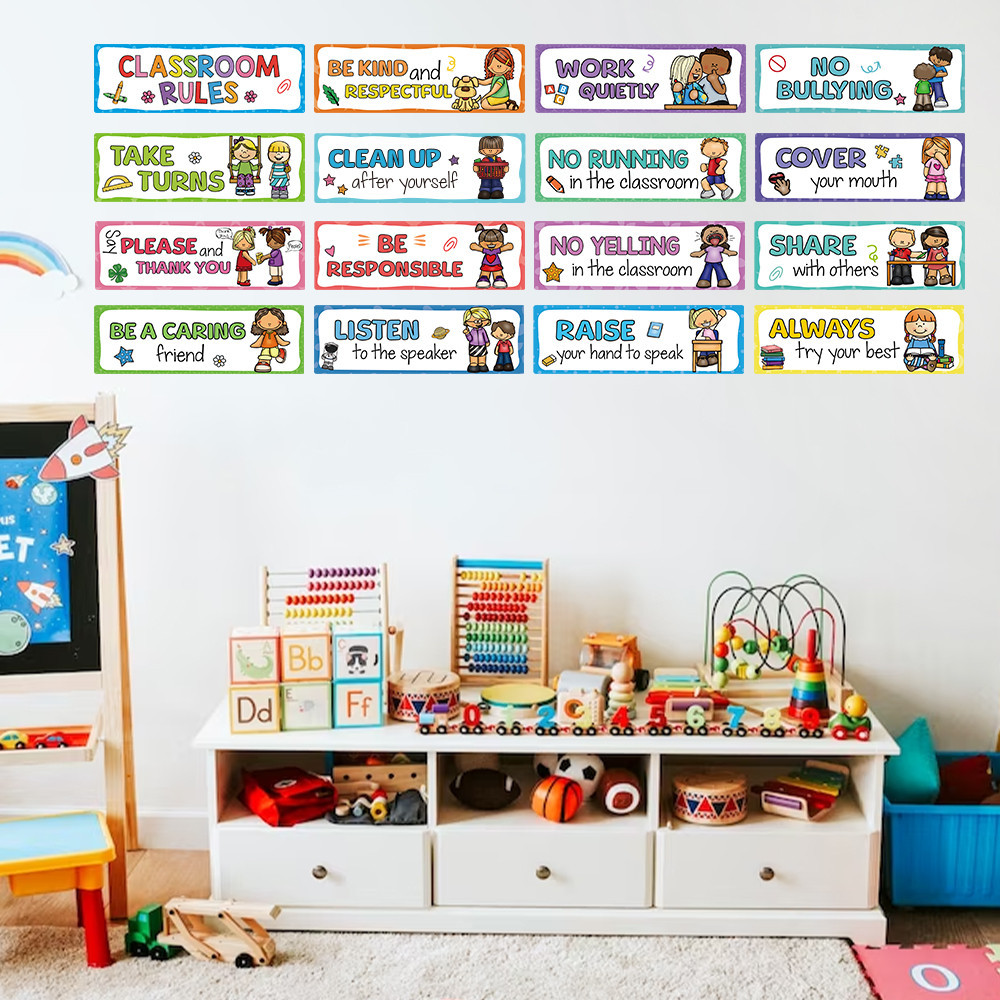 16Pcs Classroom Rules English Bulletin Posters Kids English Learning ...