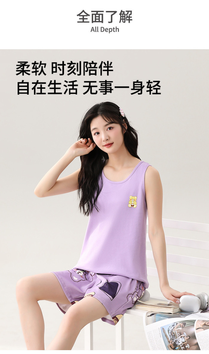 Pyjamas Women Cotton Padded Pajamas Set Summer Lady Loose Sleeveless ...