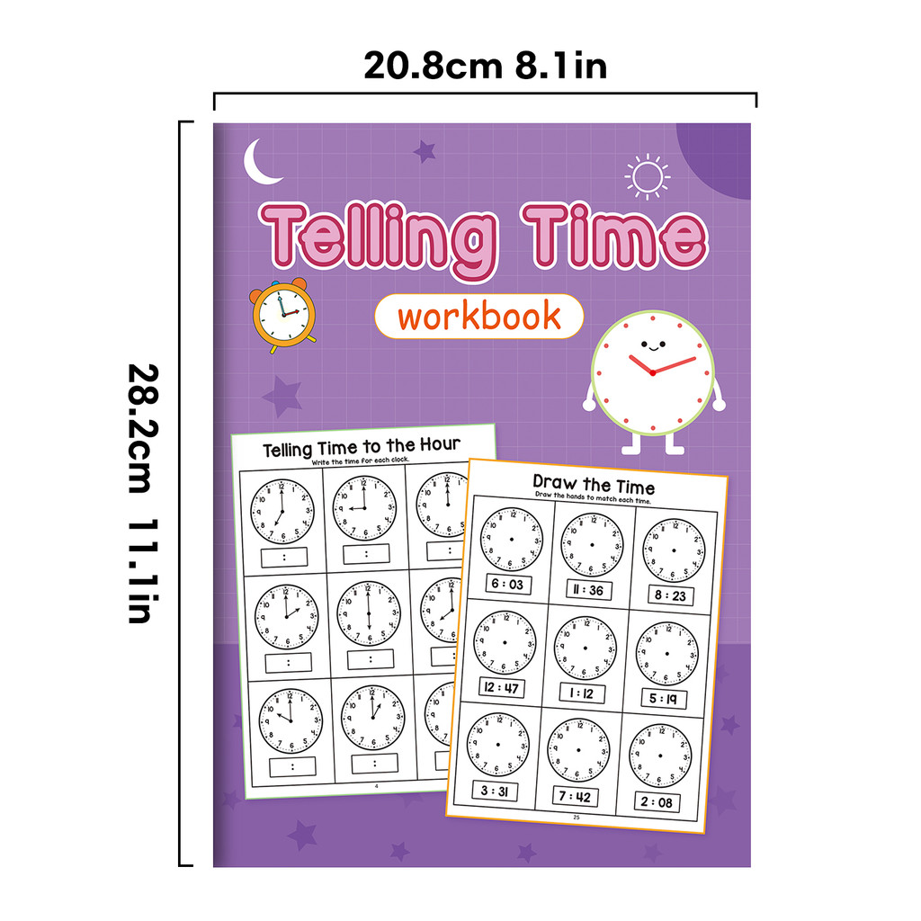 32 Pages Telling Time Maths Workbook for Kids Write & Draw Minute Hand ...