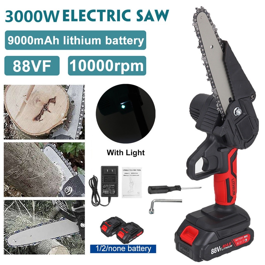 6 Inches 88V Mini Electric Chain Saw With 2Pcs Battery Woodworking 110V ...