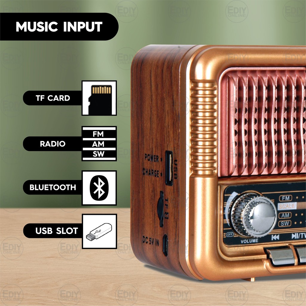 Vintage Rechargeable Radio FM Bluetooth USB TF Card MP3 Speaker Player ...