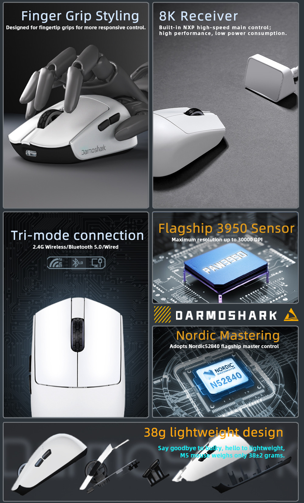 Darmoshark M5 PRO 8K Gaming Mouse Wireless Bluetooth PAM3950 30000DPI ...
