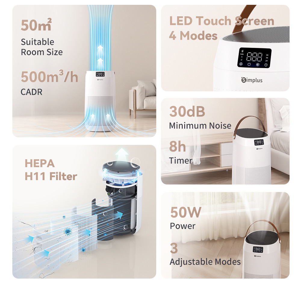 Simplus Air Purifier Household LCD Panel Touch Screen PM CADR 500m³/H ...