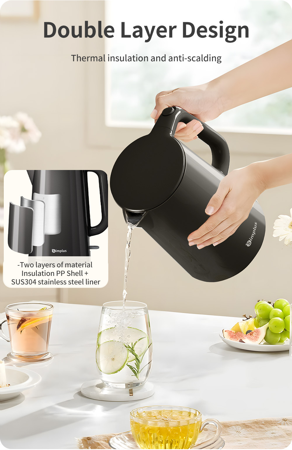 Simplus 1.7L Electric Kettle | 1500W Fast Heating | 304 Stainless Steel ...