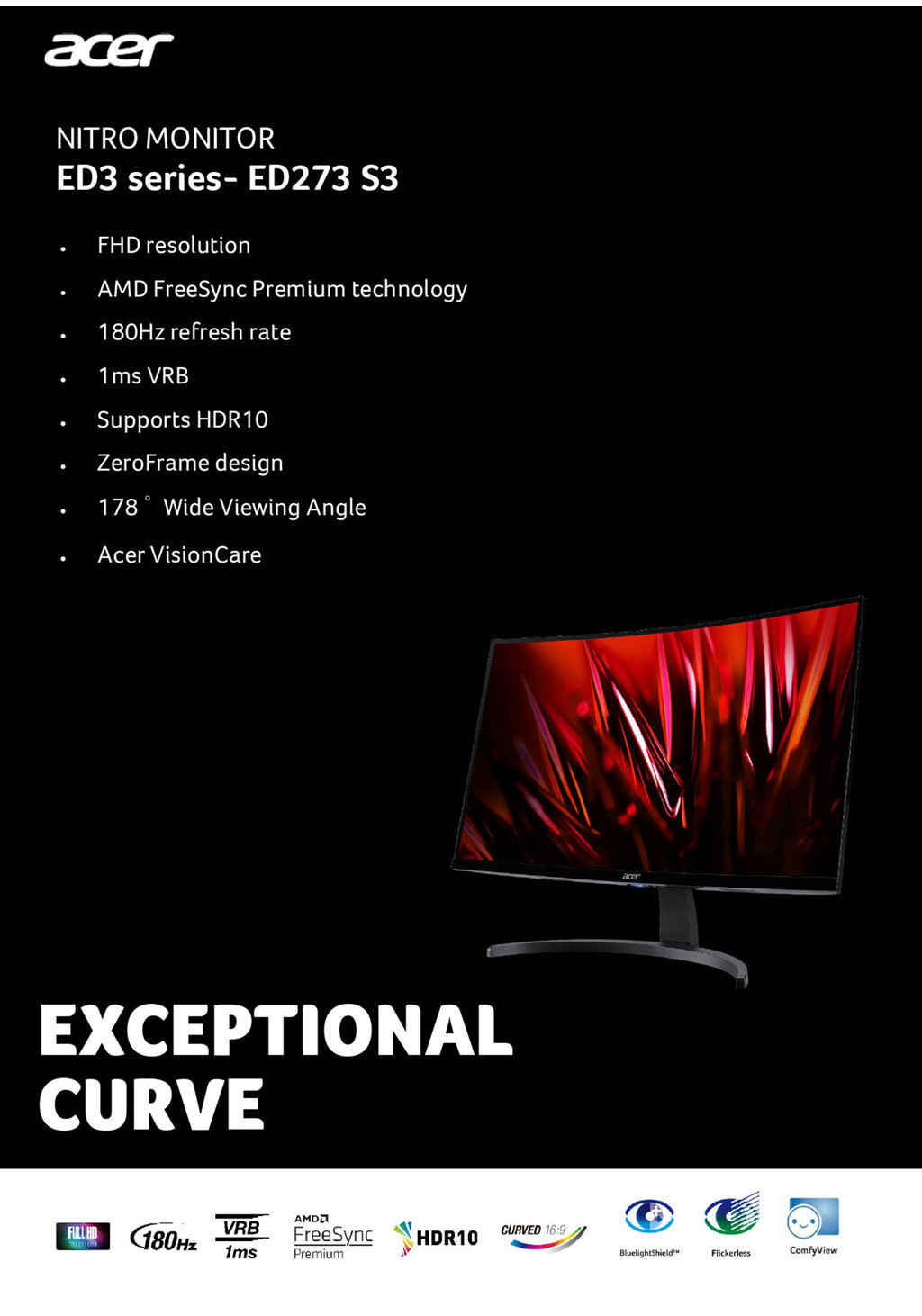 Acer Nitro Gaming Monitor 27" Fhd Curved Va | 1920x1080 | 180hz | Ed273 ...
