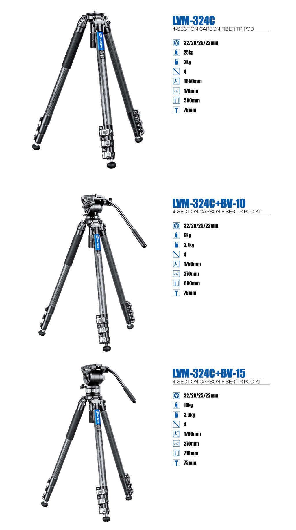 Leofoto LVM-324C 3-Section Carbon Fiber Tripod with BV-15 Head | Shopee Singapore