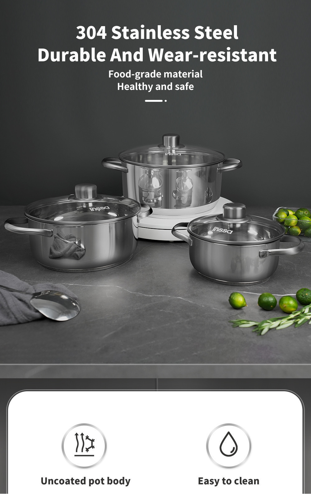 Inssa 304 Stainless Steel 6pcs Cookware Set丨16cm/20cm/24cm Soup Pots丨 ...