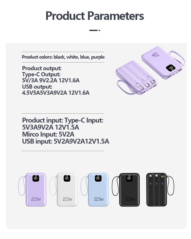 10000mAh/20000mAh Fast Charging Portable Power Bank with Built-in Cable ...