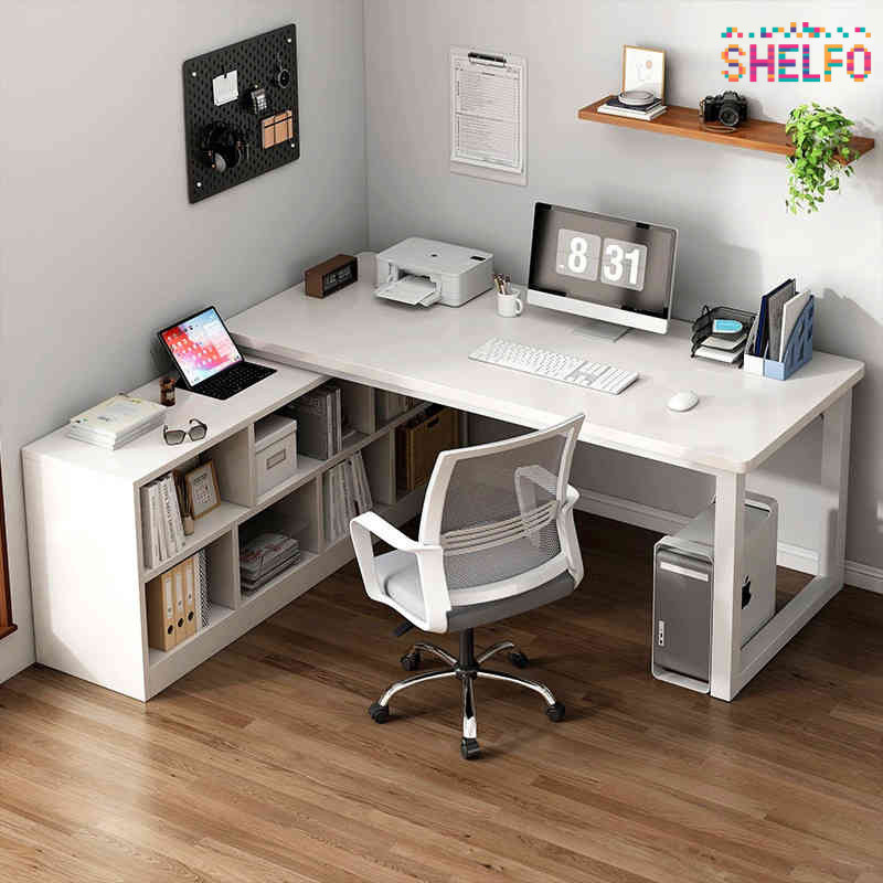SHELFO Multifunction Computer Table Bold L Shape Table| Thickened Table + Bookshelf Corner Table ...