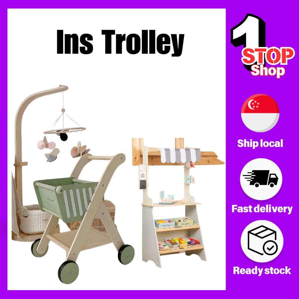 Wooden Shopping Cart kids Pretend-Play Wooden Toys walker (ins green ...