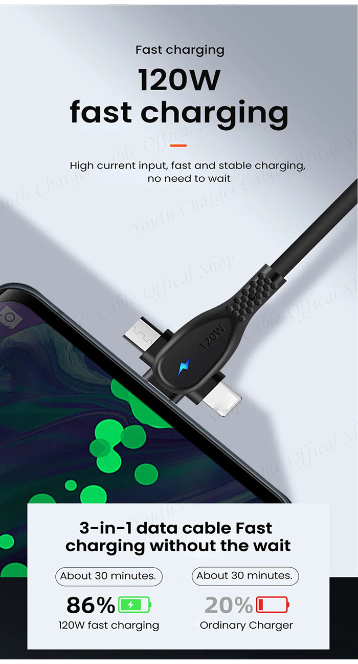3-in-1 L shape elbow charging cable with direcotr light 120W super fast ...