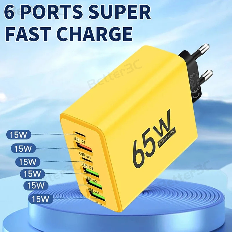 65W Fast Charging Travel Conversion charger USB C 6 Ports For EU/US/UK ...