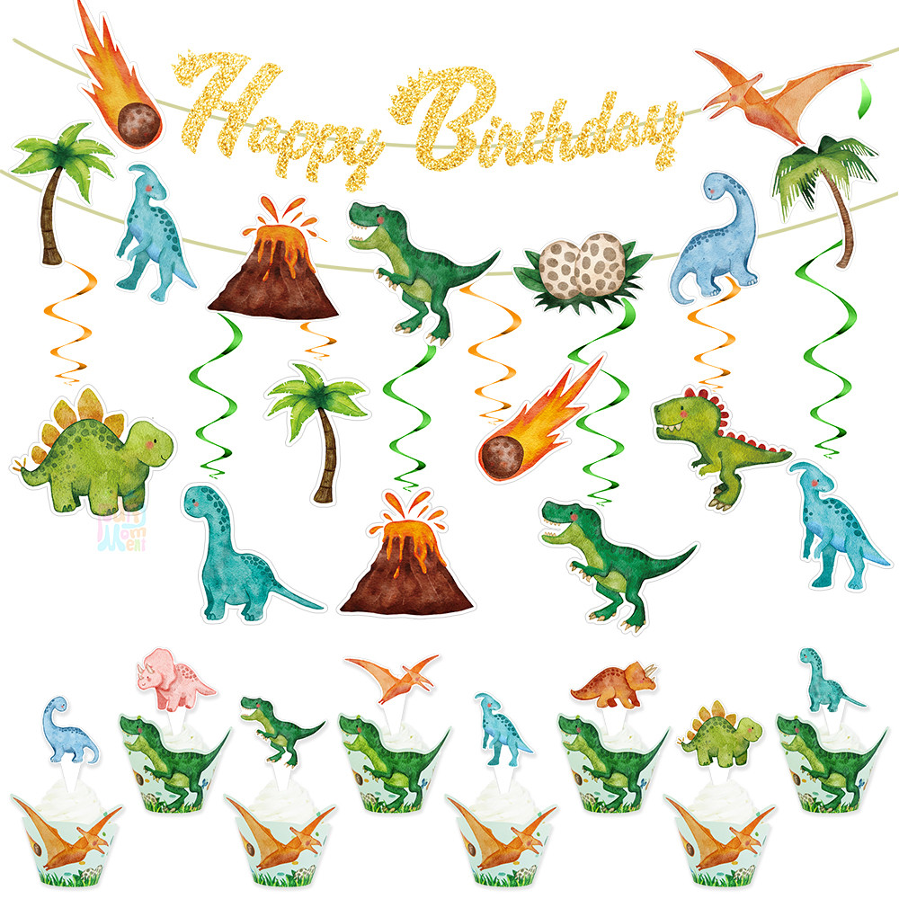 Comet T REX Hanging Spiral Hanging Decorations Birthday Banner Cupcake ...