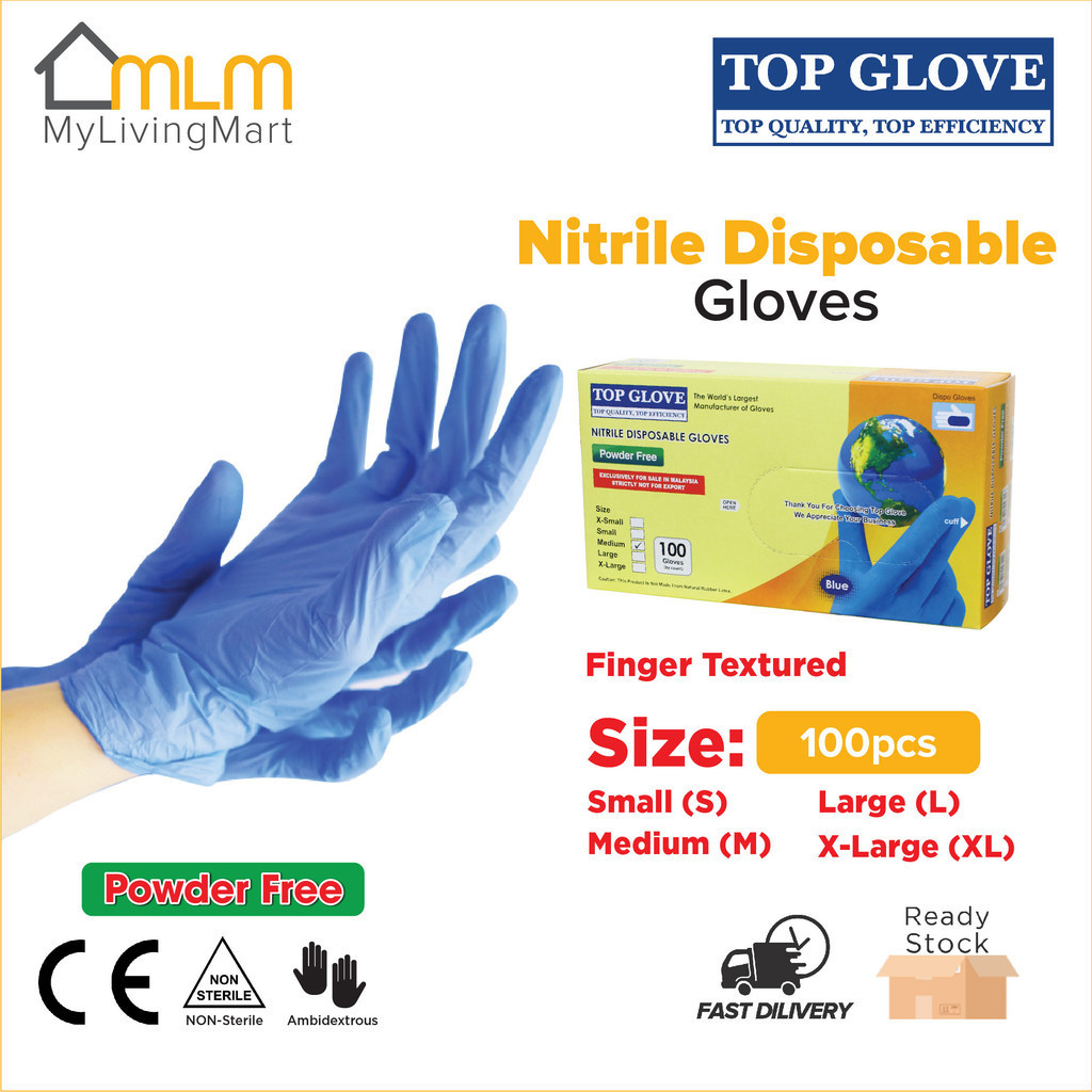 TOP GLOVE Nitrile Powder Free Blue Disposable Gloves 100 Pieces Single ...