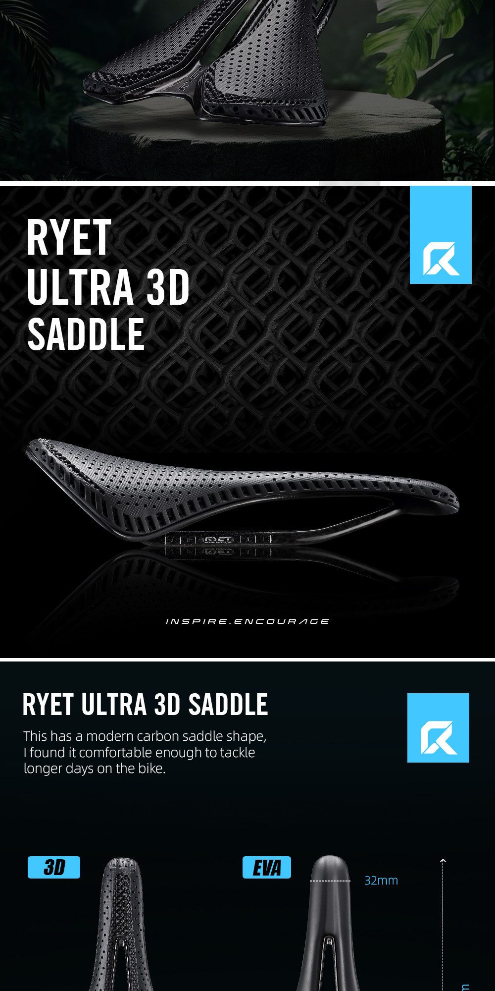 RYET 12K Full Carbon 3D Print Saddle 122g for Triathlon Road MTB Gravel ...