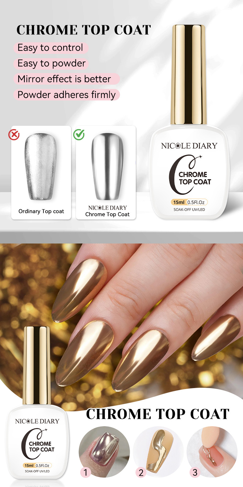 Mirrors Powder Chromes Top Coat 15ml Functional Gel Nail Polish Base ...