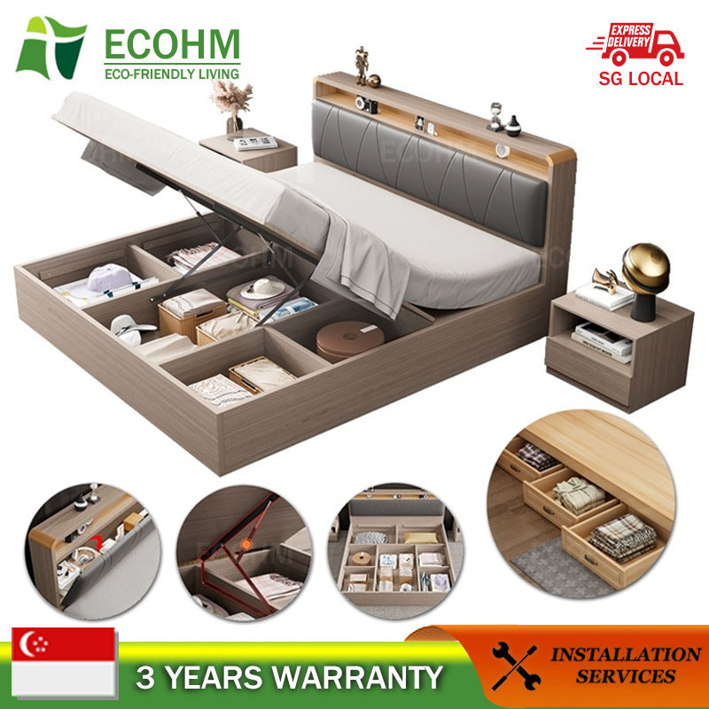 ECOHM Storage Bed Solid Wooden Bed Frame Tatami Storage Single/Queen ...