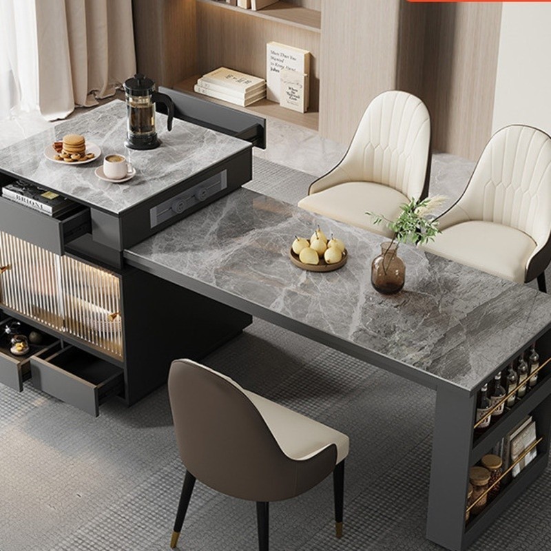 Dining Table Luxury Rock Light Slab Island Table Integrated Retractable ...