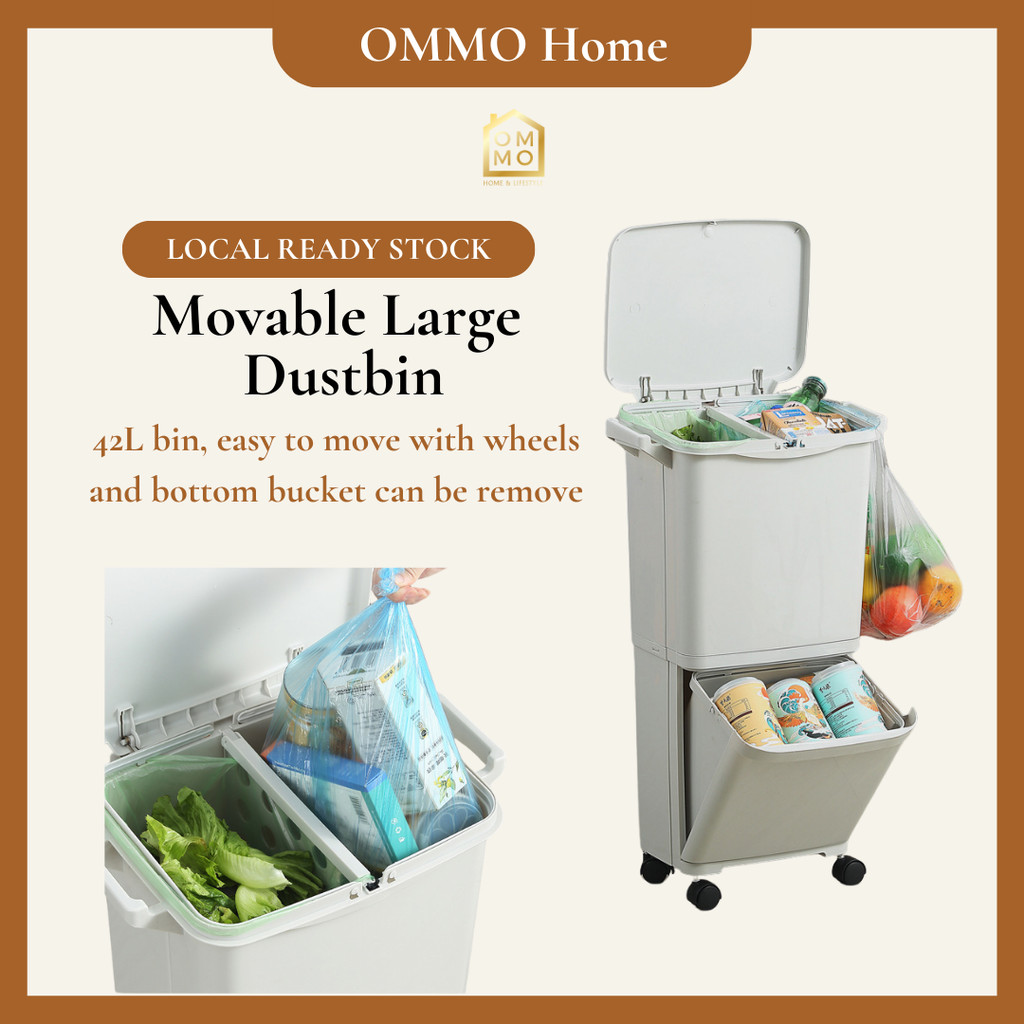OMMO Movable Rubbish Bin With Wheel Recycle Trash Garbage Waste Sorting ...