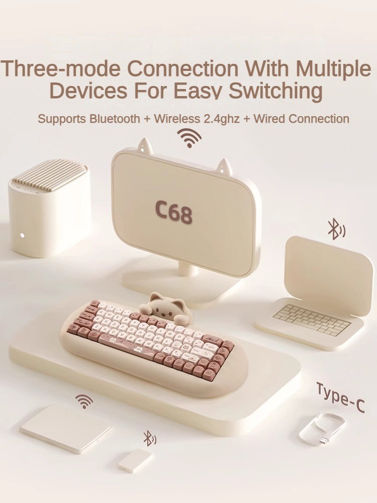 Pink Cute C68 Cat Silicone Keyboard Three-mode Bluetooth 2.4g Wired Hot Swap Mechanical Keyboard ...