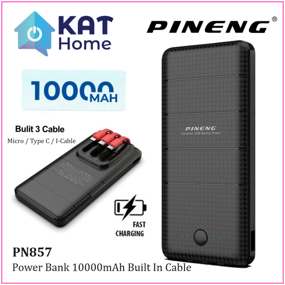 PINENG PN857 POWER BANK 10000MAH WITH 3 BUILT IN CABLE MICRO / TYPE C ...