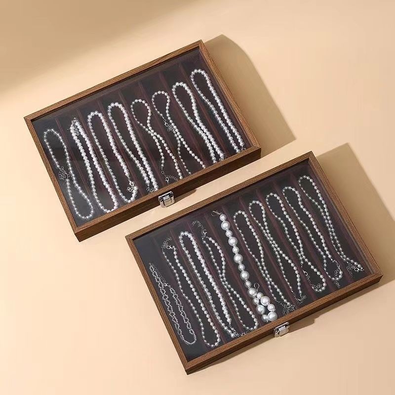 Pear Wood Grain Pearl Necklace Jewelry Box Glass with Lid Long ins ...