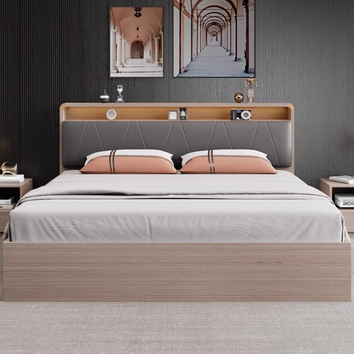 Bed Frame Simple Modern Solid Wood Master Bedroom Air Pressure High Box ...