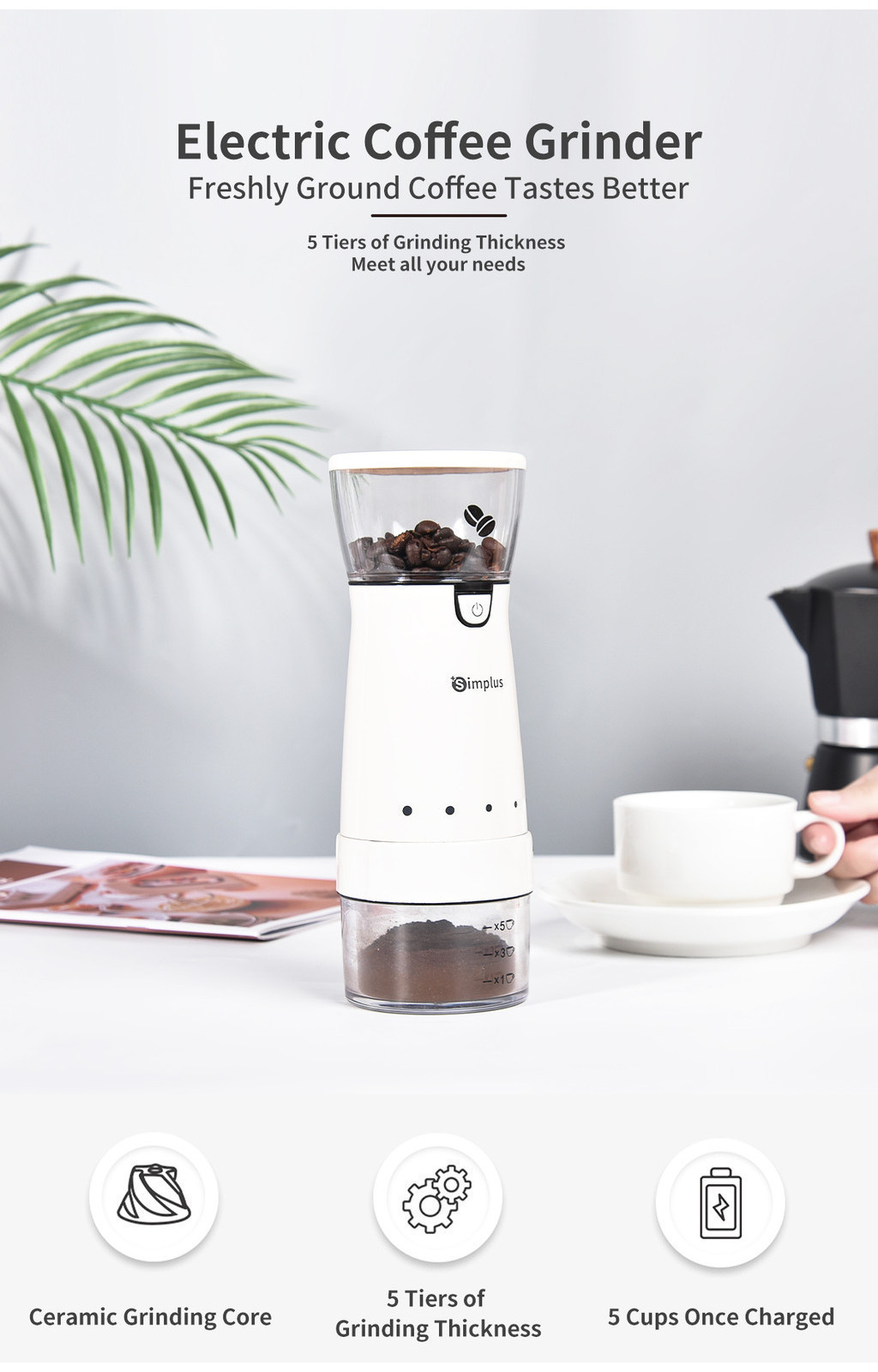 Simplus Electric Coffee Bean Grinder | 5 Tiers of Grinding Setting ...