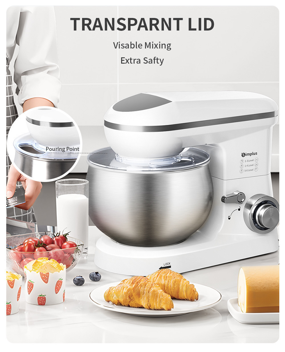 INSSA 5L Stand Mixer Kitchen Blender 6 Speeds Dough Whisk Beater ...