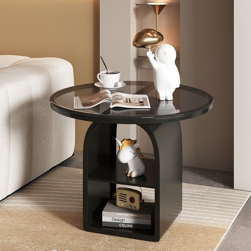 Glass Side Table Simple Small Table Round Bedside Table Double-Layer ...