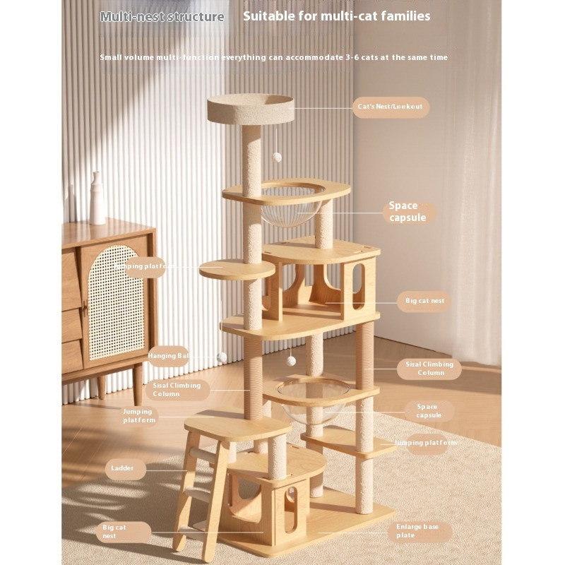 Cat Tree Solid Wood Condo Large Space Capsule Climbing Frame Sky Pole ...