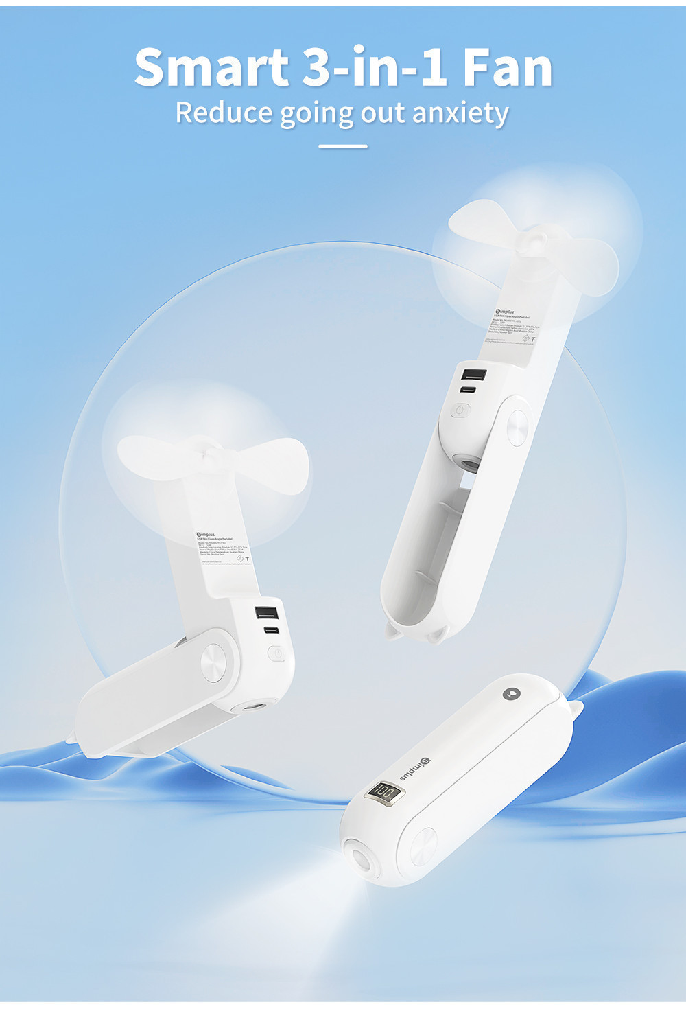 Simplus Smart Small Fan Handheld USB Electric Fan Portable Foldable 3 ...