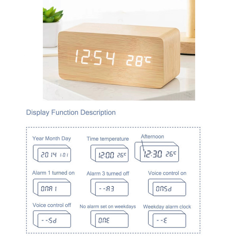 Desktop Clock Wooden LED USB Powered Digital Clocks Voice Control ...