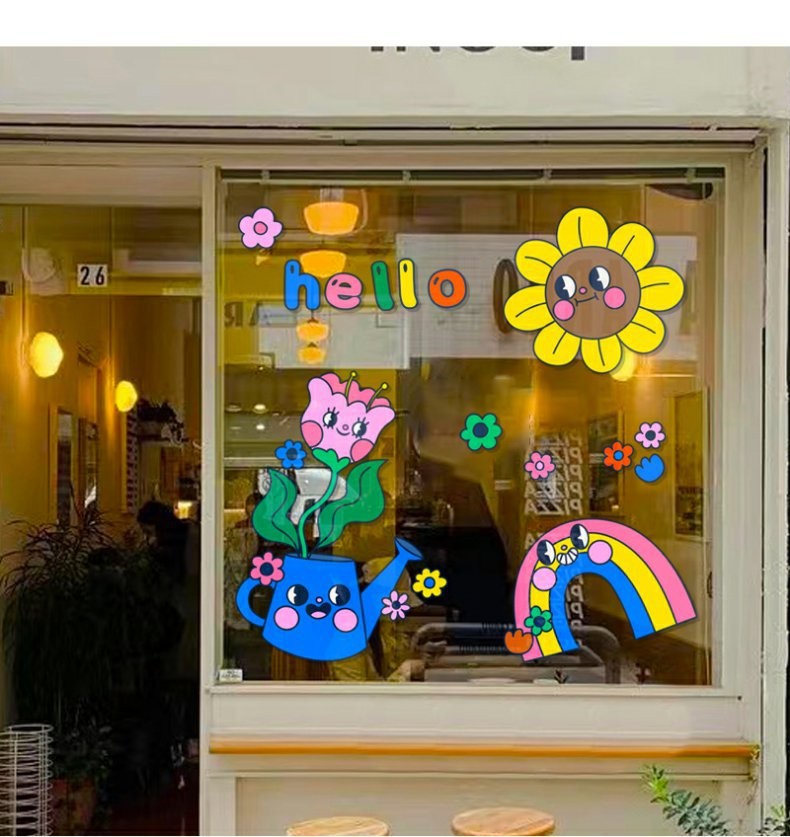 Hand-drawn Illustration Sticker Shop Window Glass Door Sticker Cartoon ...