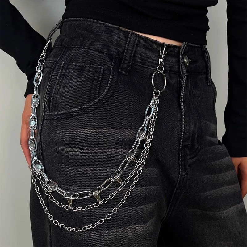 Punk Spike Rivet Layered Metal Chain Keychains for Men Women Pants ...