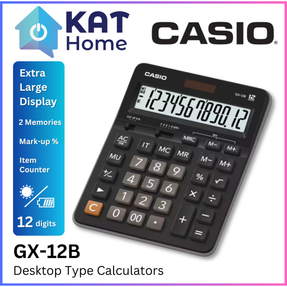 CASIO GX-12B DESKTOP TYPE PRACTICAL CALCULATOR WITH 12 DIGITS, EXTRA LARGE DISPLAY, SOLAR ...