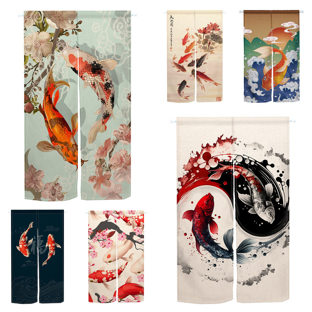 Japanese Curtains for The Doorway Koi Fish Ukiyo-e Short Kitchen ...