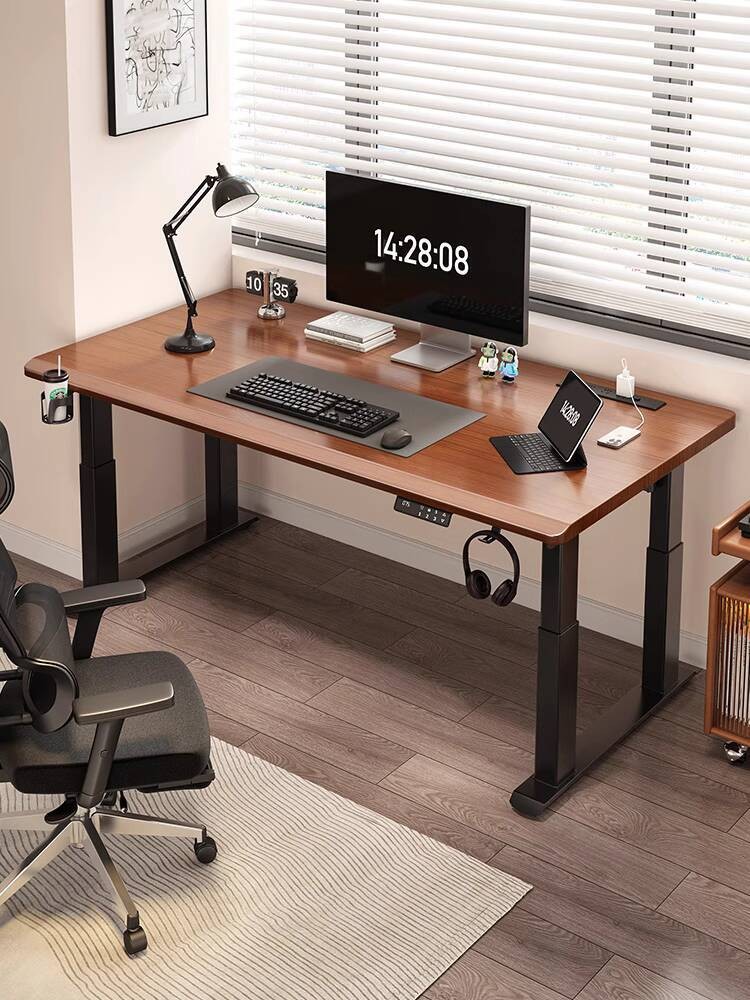 Solid Wood Electric Height Adjustable Desk Dual Motor Four-Leg Computer ...