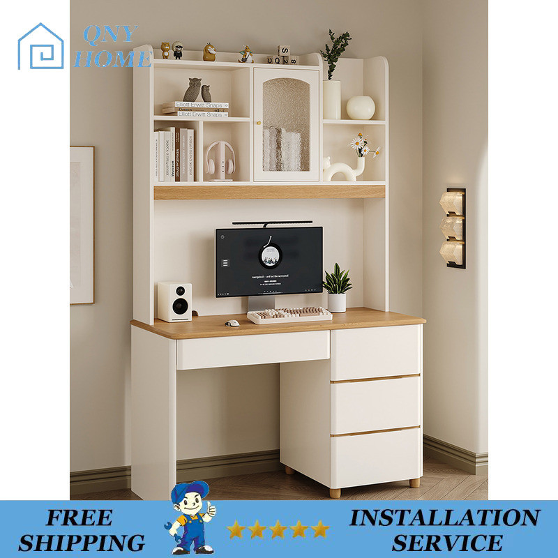 Solid Wood Cream Style Desk Bookshelf Integrated Table Solid Wood ...
