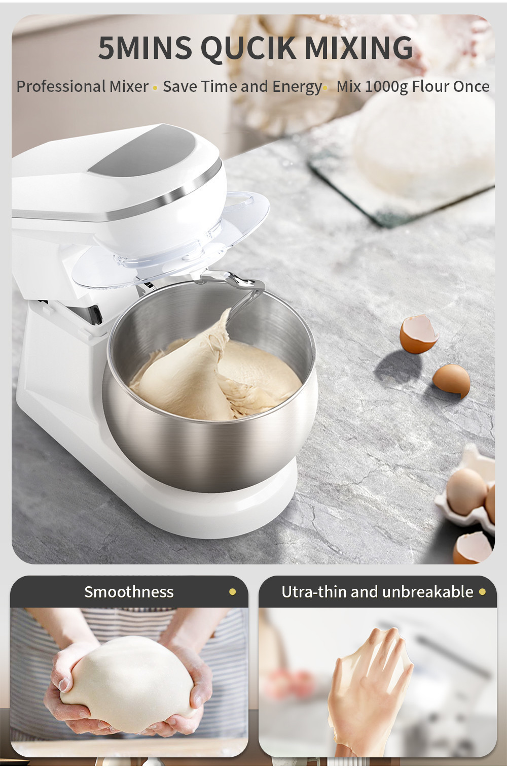 INSSA 5L Stand Mixer Kitchen Blender 6 Speeds Dough Whisk Beater ...