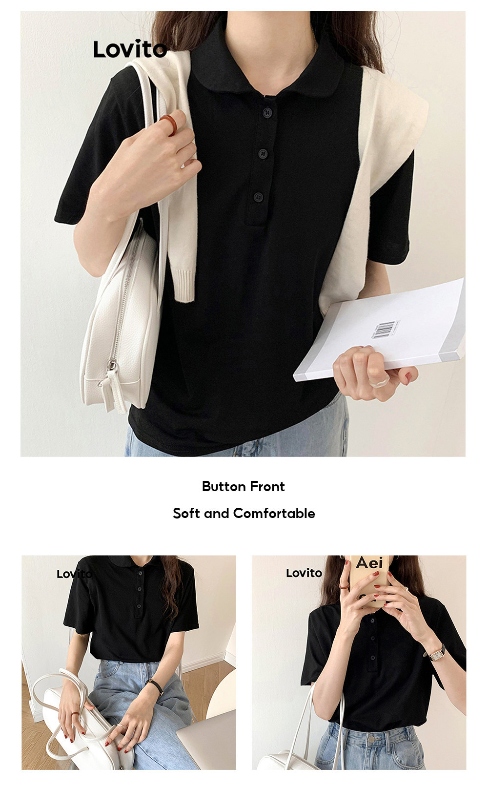 Lovito Casual Plain Button Front T-Shirt for Women LNE17020 (Black ...