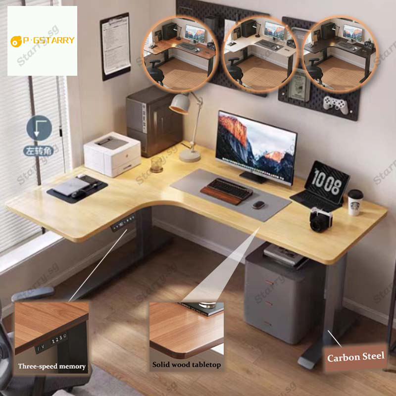 S·T Electric Height Adjustable Solid Wood Home Desk Study Desk L-shaped ...