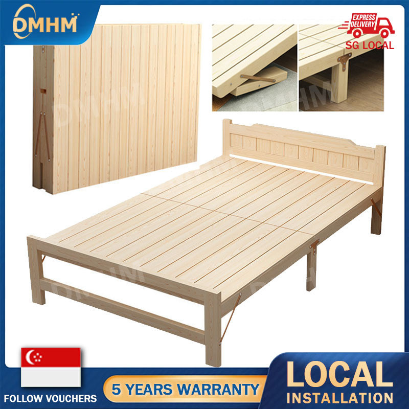 DMHM Foldable Bed Solid Wood Single Bed Frame Room Rental Housing Beds ...